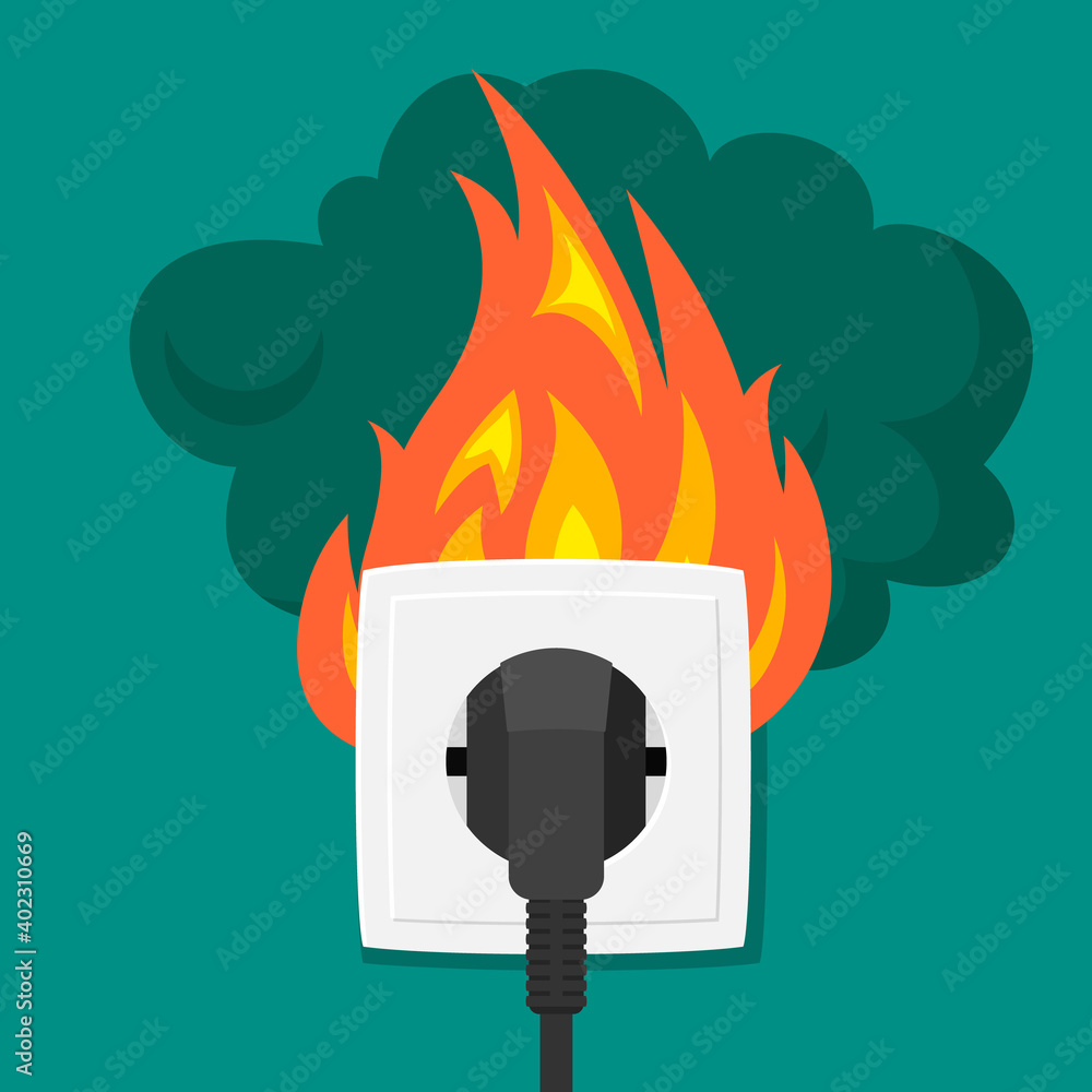 Burning electrical outlet illustration. Electrical short circuit from ...