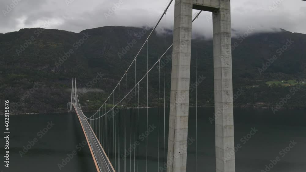 Upgoing areal footage of one of the longest suspension bridges in the ...