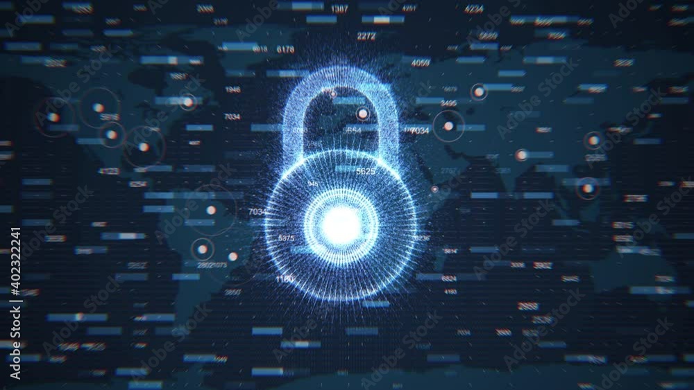 Futuristic animation. Cybersecurity, data protection. Global World map ...