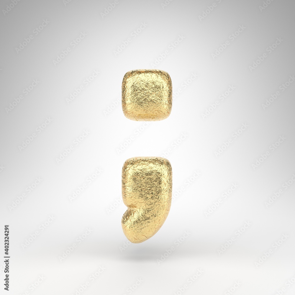 Semicolon symbol on white background. Creased golden foil 3D sign with ...