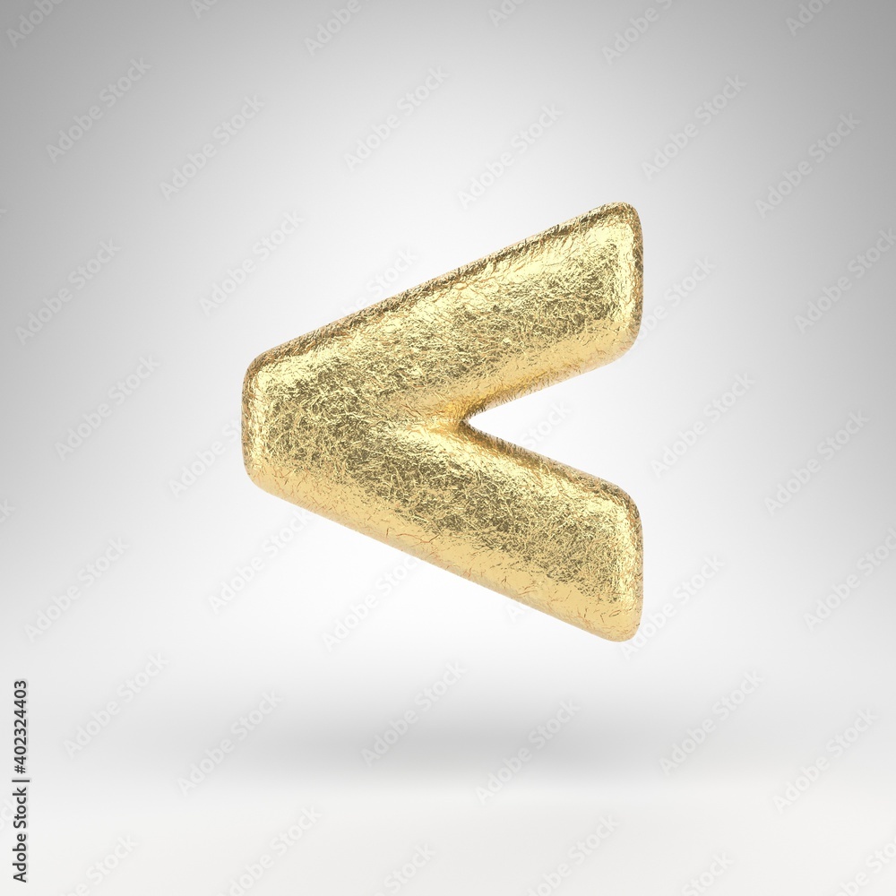 Less than symbol on white background. Creased golden foil 3D sign with ...