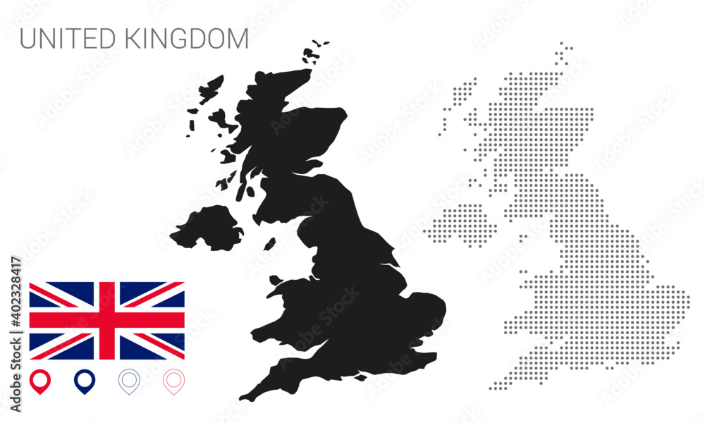 UK map dotted. Great britain map silhouette. Union jack flag and pin ...