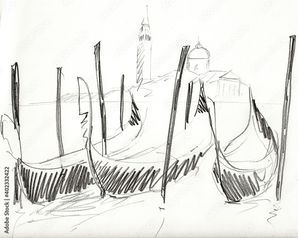 A black and white pencil sketch drawing of gondolas in Venice Stock ...