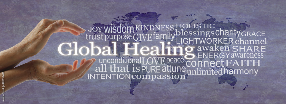 Global healing word cloud map campaign banner - female hands cupped ...