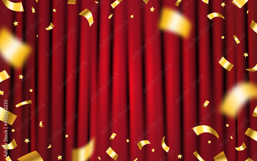 Curtain red with gold confetti. Concert or ceremony template. Award or ...