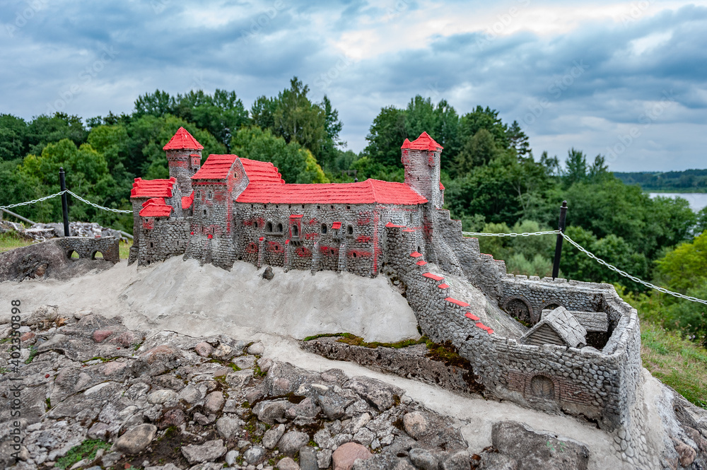 Historical scale toy model of Dinaburga castle on a coast of the ...
