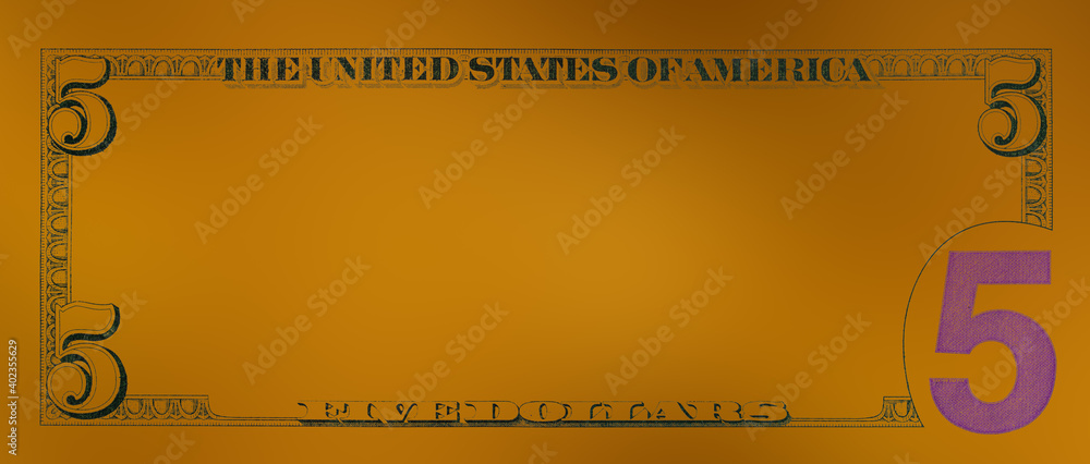 5 dollar bill back side with empty middle area on golden background for ...