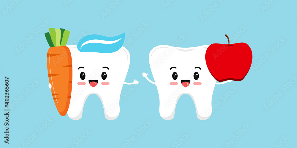 Cute tooth holds food for dental health set. Strong white teeth with ...