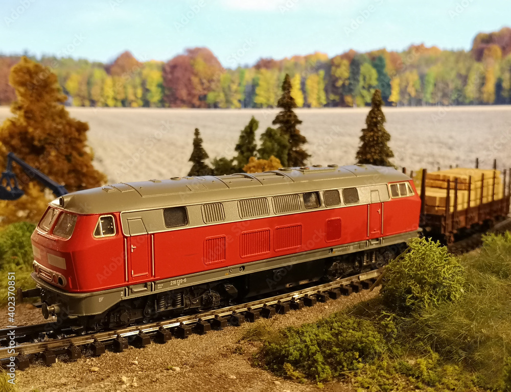 Modellbahn Diesellok BR216 in einer Landschaft Stock Photo | Adobe Stock