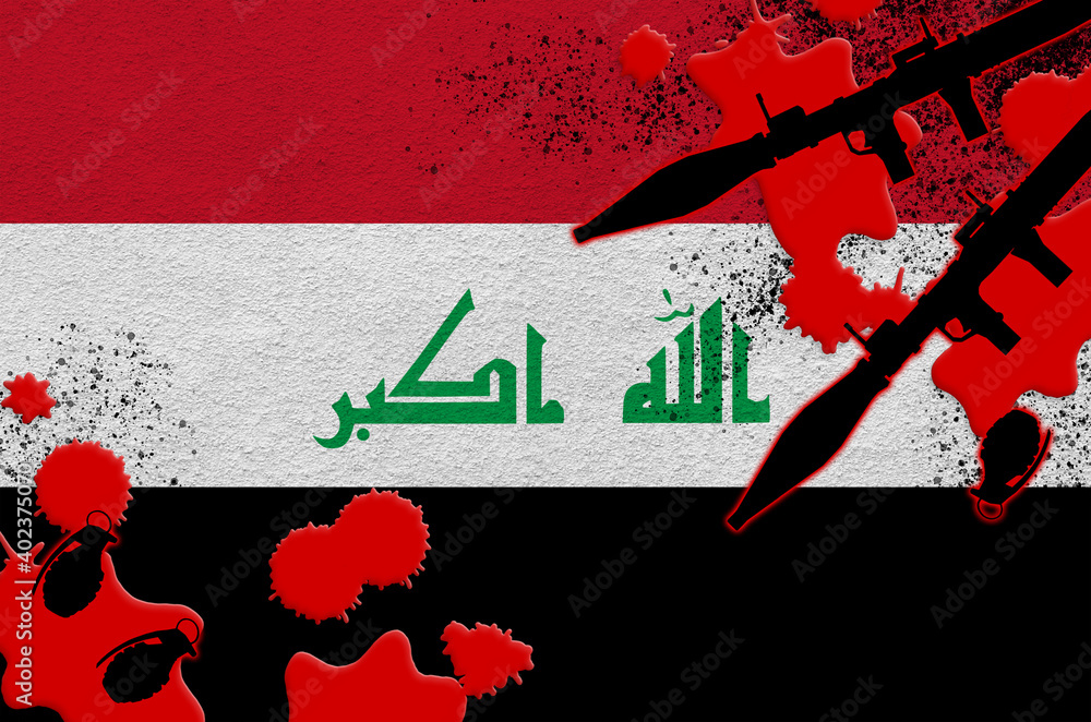 Iraq flag and rocket launchers with grenades in blood. Concept for ...