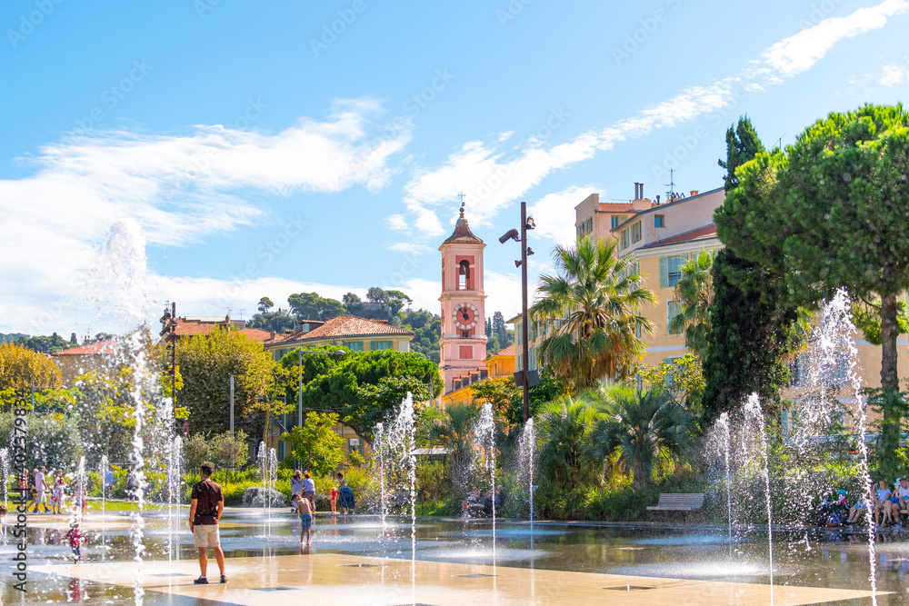A stream of water and spray from the water feature at the Paillon ...