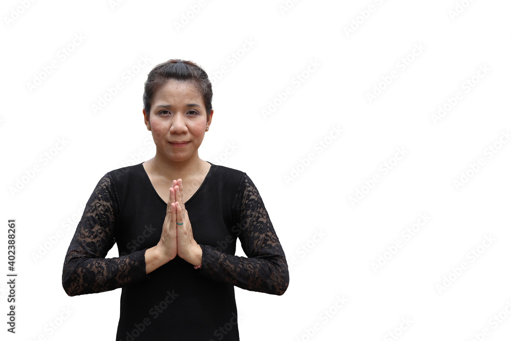 Asian woman of Thai nationality ties their hair in a polite black dress ...