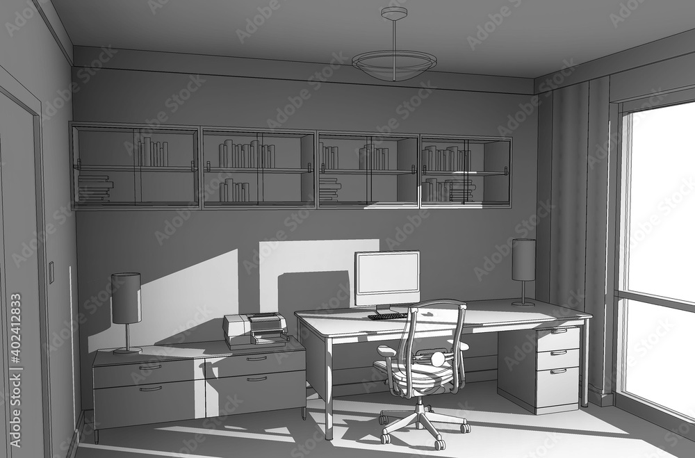 3d illustration of a home-office work area in hidden line style with ...