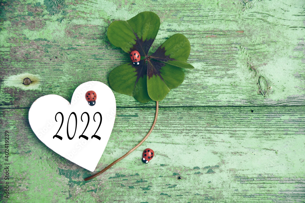 New Year 2022 lucky symbols - four-leaf clover with ladybug - good luck ...