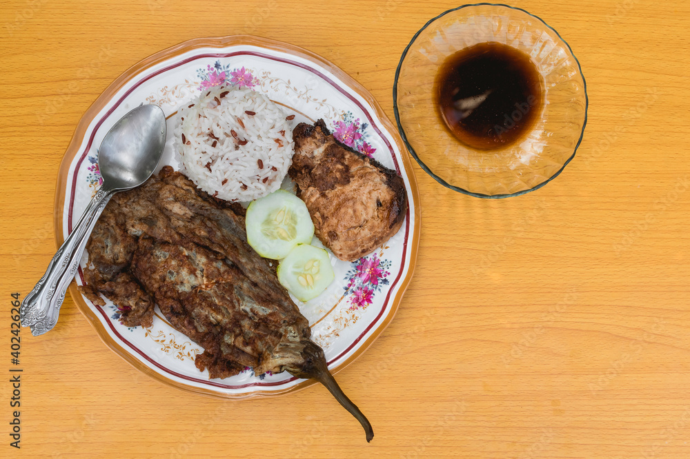 Top view of a sumptuous Filipino style lunch at the garden - Tortang ...