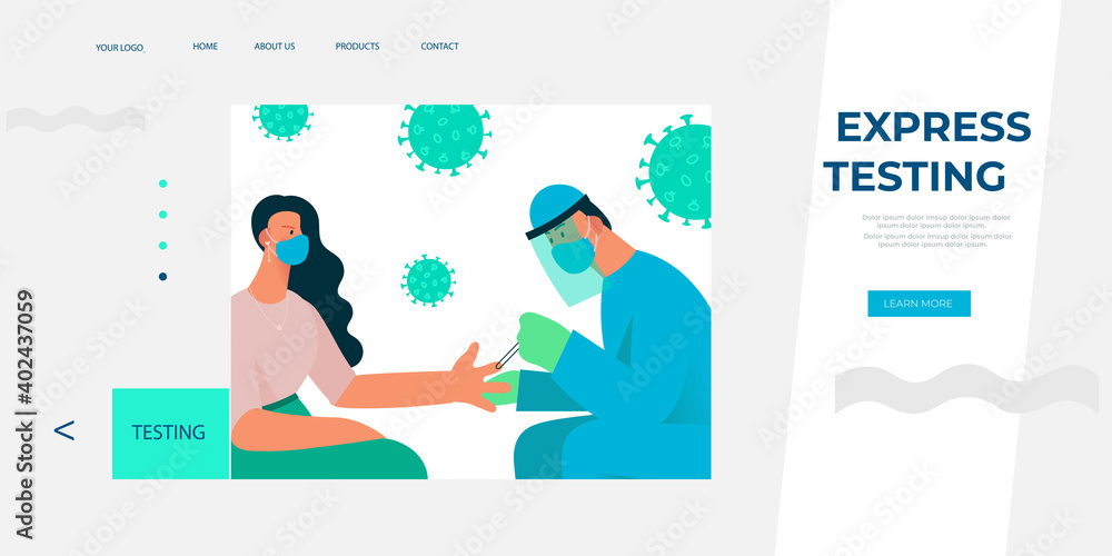 Concept for landing page or banners on covid-19 testing. Blood sampling ...