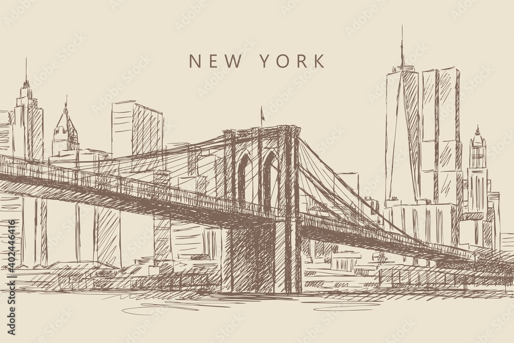 Sketch of a Brooklyn bridge and skyscrapers, New York, USA. Vintage ...