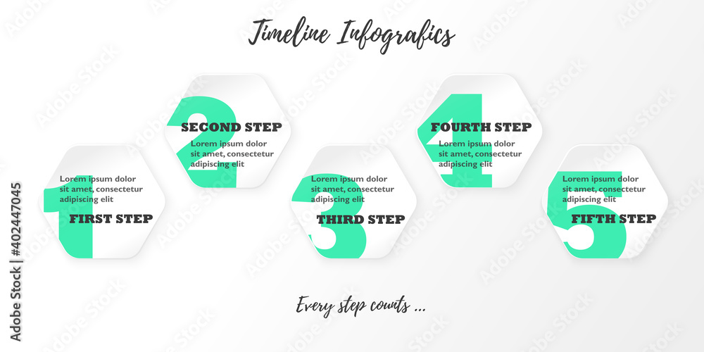 Five vector honeycomb hexagons with numbers in realism style describing ...