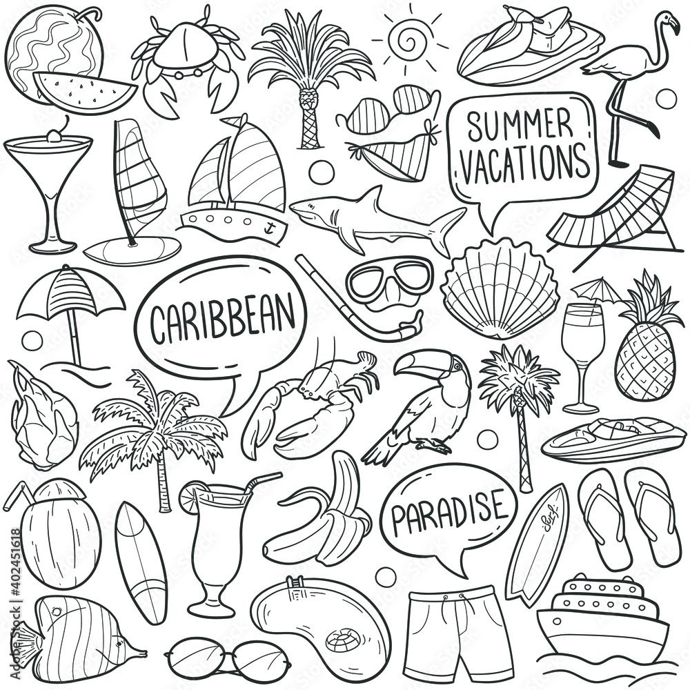 Caribbean doodle icon set. Vacations Vector illustration collection ...