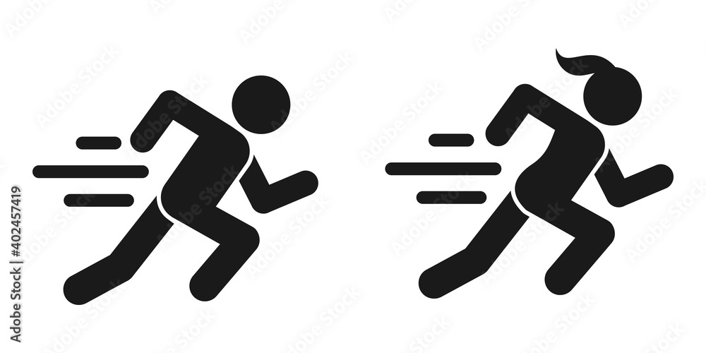 fast running man and woman icon isolated on white background. People ...