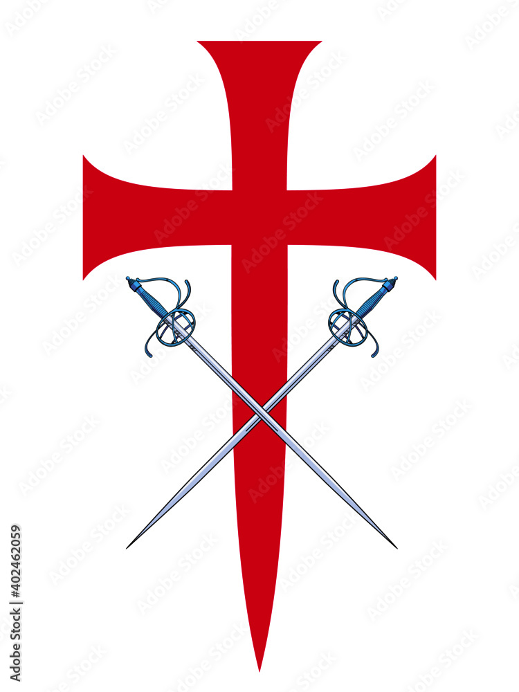 Vector illustration of two swords clashing over a red cross. Ideal ...