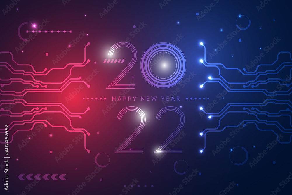 2022. Happy new year 2022 text design with circuit board technology ...