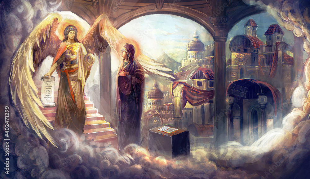 Virgin Mary and archangel Gabriel, Annunciation Stock Illustration ...