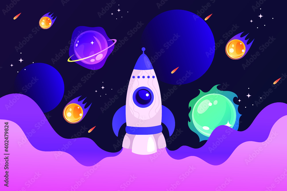 Spaceship and solar system. Colorful planets, rocket, galaxy and ...