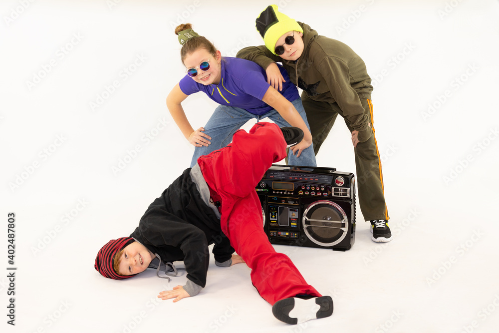 dancing children, breakdance group, boombox, white background, girl and ...