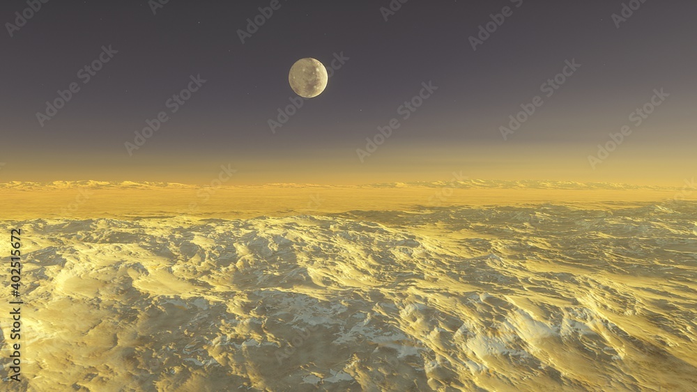realistic surface of an alien planet, view from the surface of an exo ...