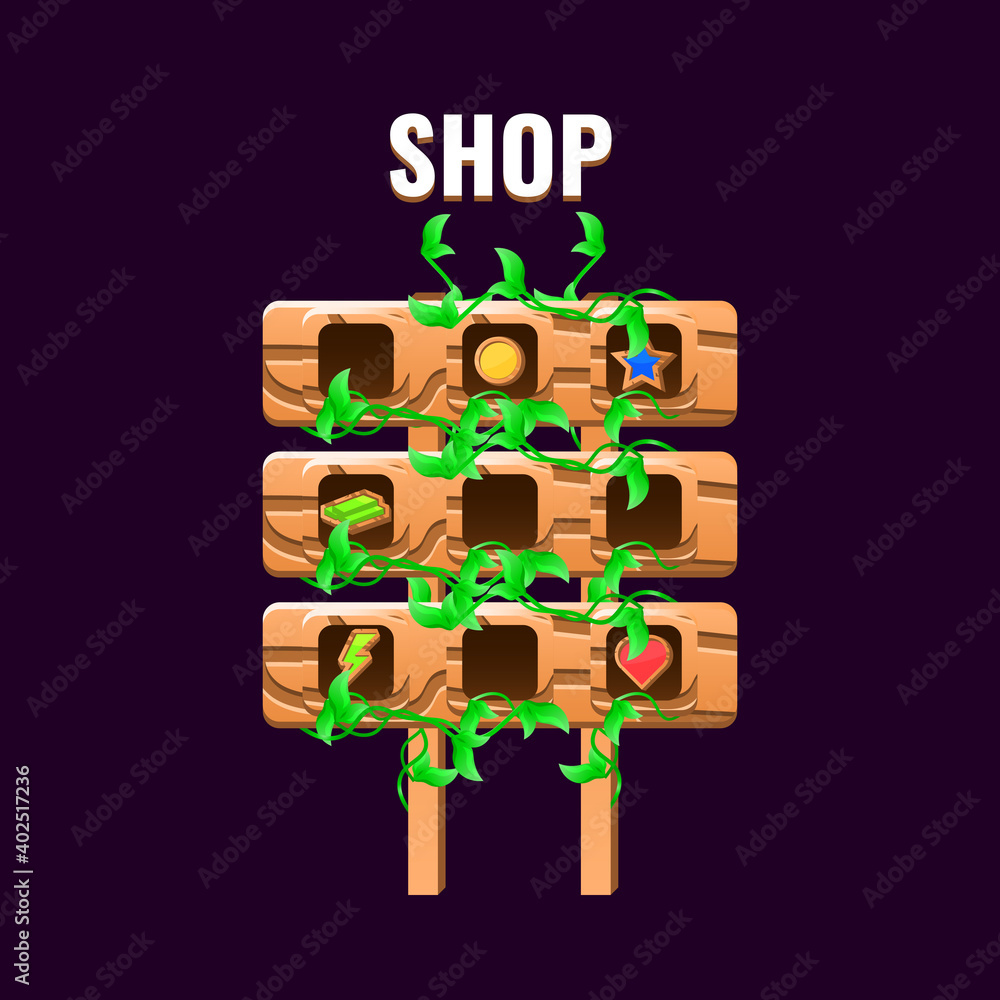 wooden nature leaves sign game ui with shop menu interface for gui ...