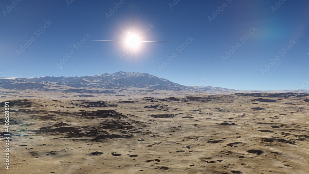 realistic surface of an alien planet, view from the surface of an exo ...