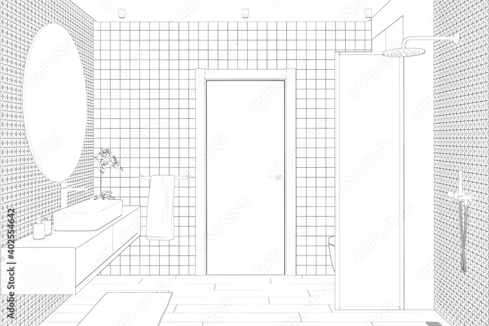 Sketch of the bathroom with tiled floor, ceiling, door, hanging toilet ...