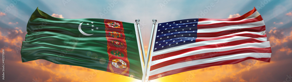 Double Flag United States of America vs Turkmenistan flag waving flag ...
