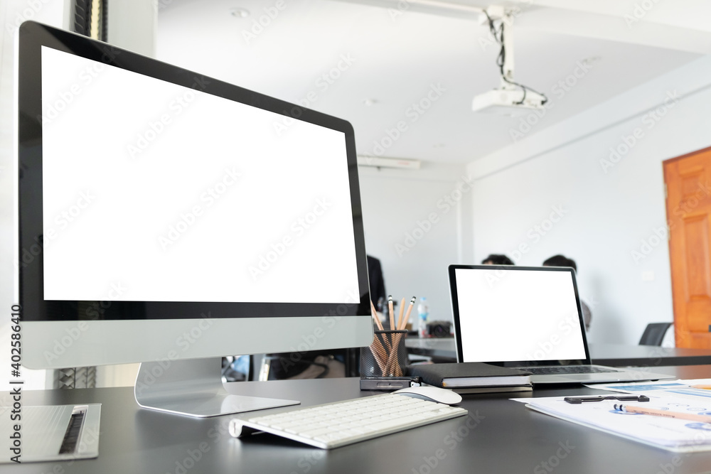 Workspace with desktop computer, office supplies, at home or studio ...