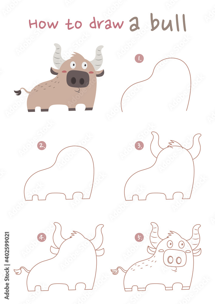 How to draw a bull vector illustration. Draw an ox step by step. The ...