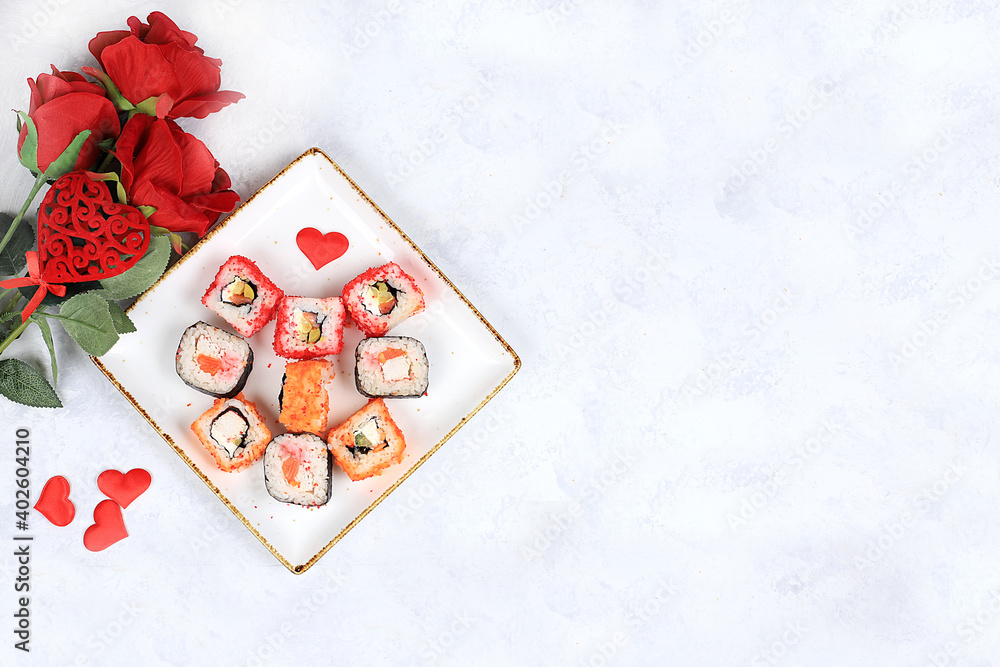 Heart of fresh sushi rolls with roses, valentine's day food ...