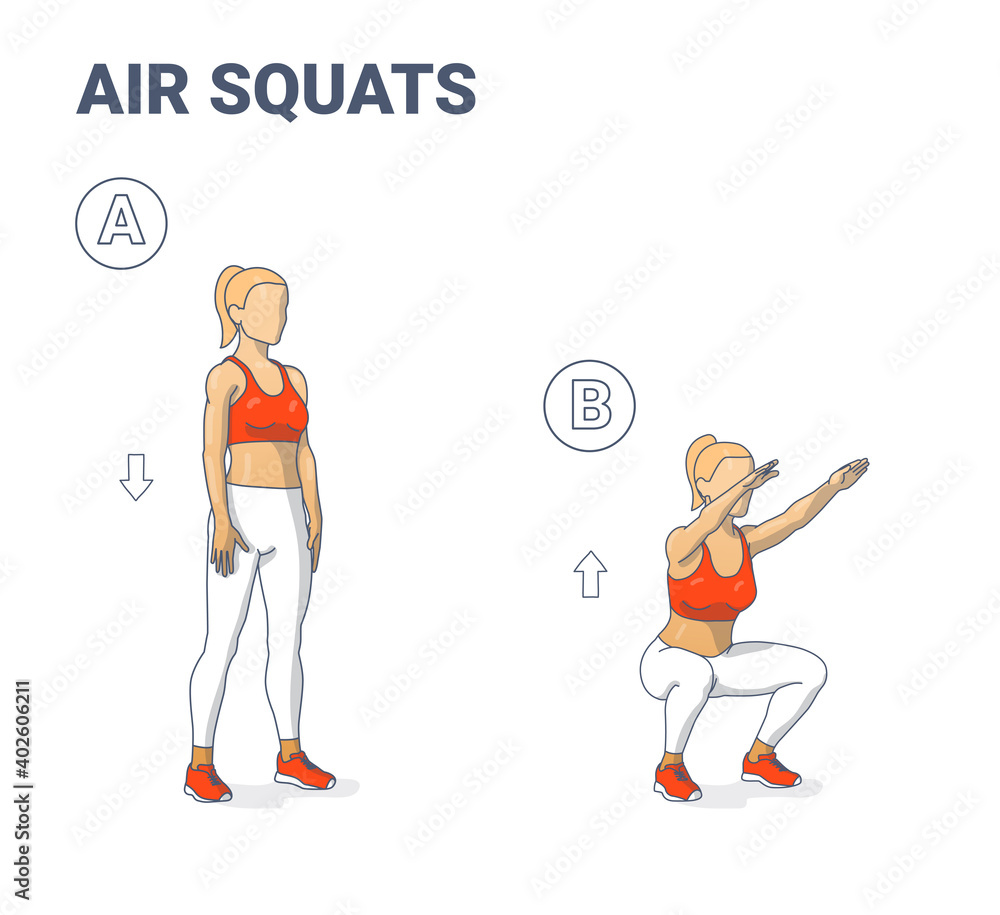 Girl doing Air Squats Exercise Home Workout Guidance. Stock Vector ...