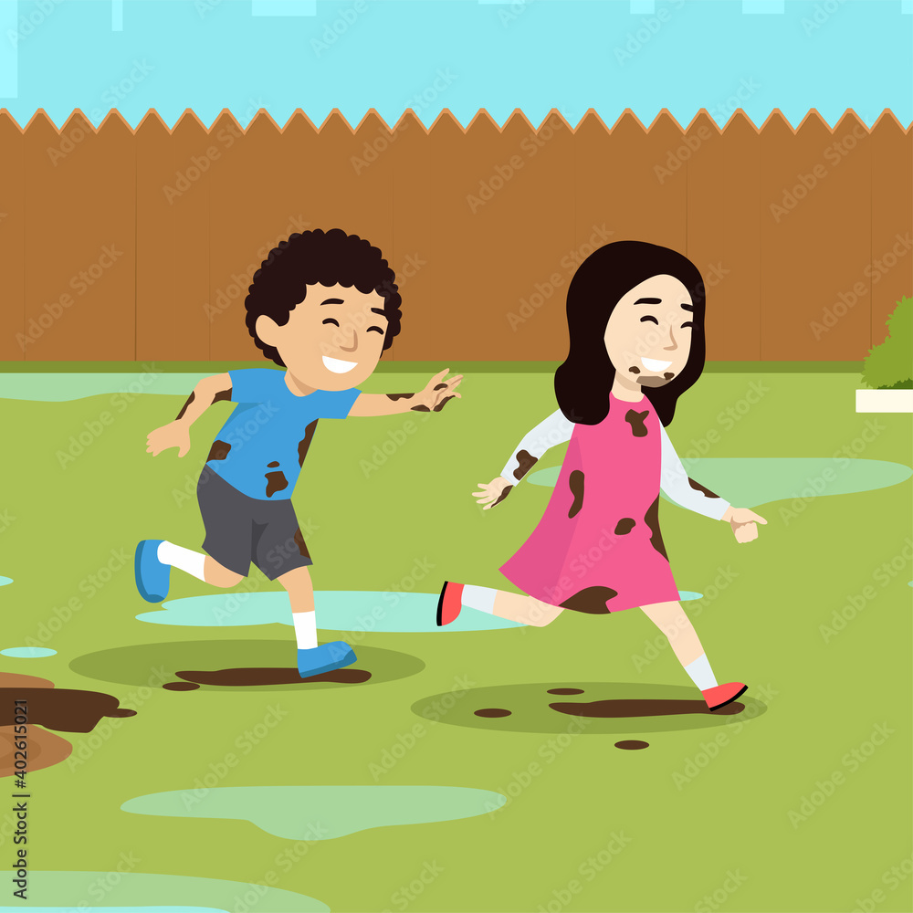 Vector Illustration Of Kids Playing In Mud flat vector illustration on ...