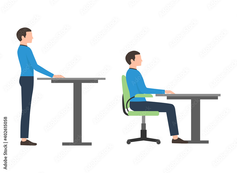 Correct and incorrect back posture for reading and writing, standing ...