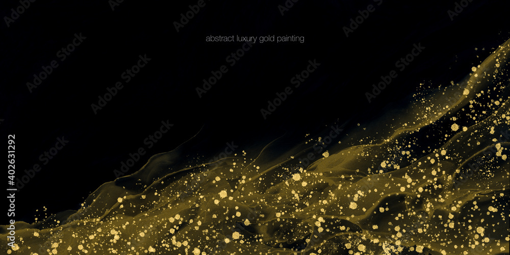 Abstract gold paint splash and liquid fluid texture isolated on black ...