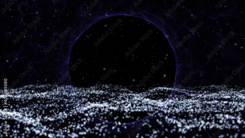 Isolated black background. Abstract particles. The night sea reflects ...