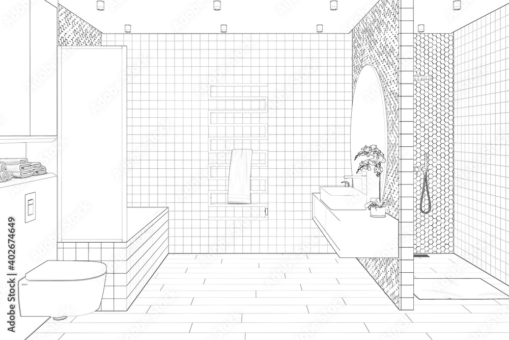 Sketch of the bathroom with a tiled floor, a shower, washbasin, a large ...