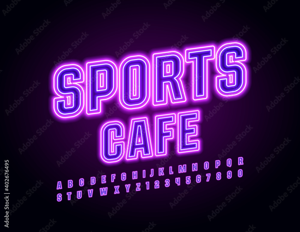 Vector glowing sign Sports Cafe. Violet Led Font. Purple Neon set of ...