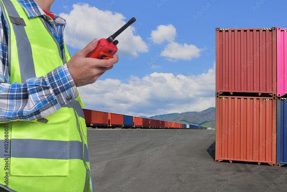 Confident inspector standing in front of cargo container in shipping ...