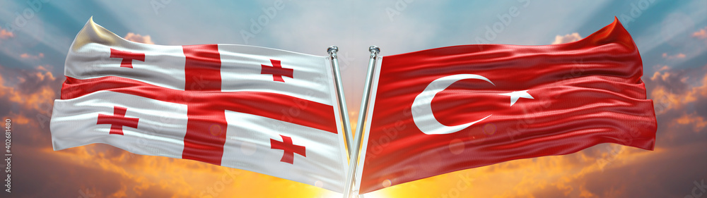 Double Flag Turkey vs Georgia flag waving flag with texture sky clouds ...