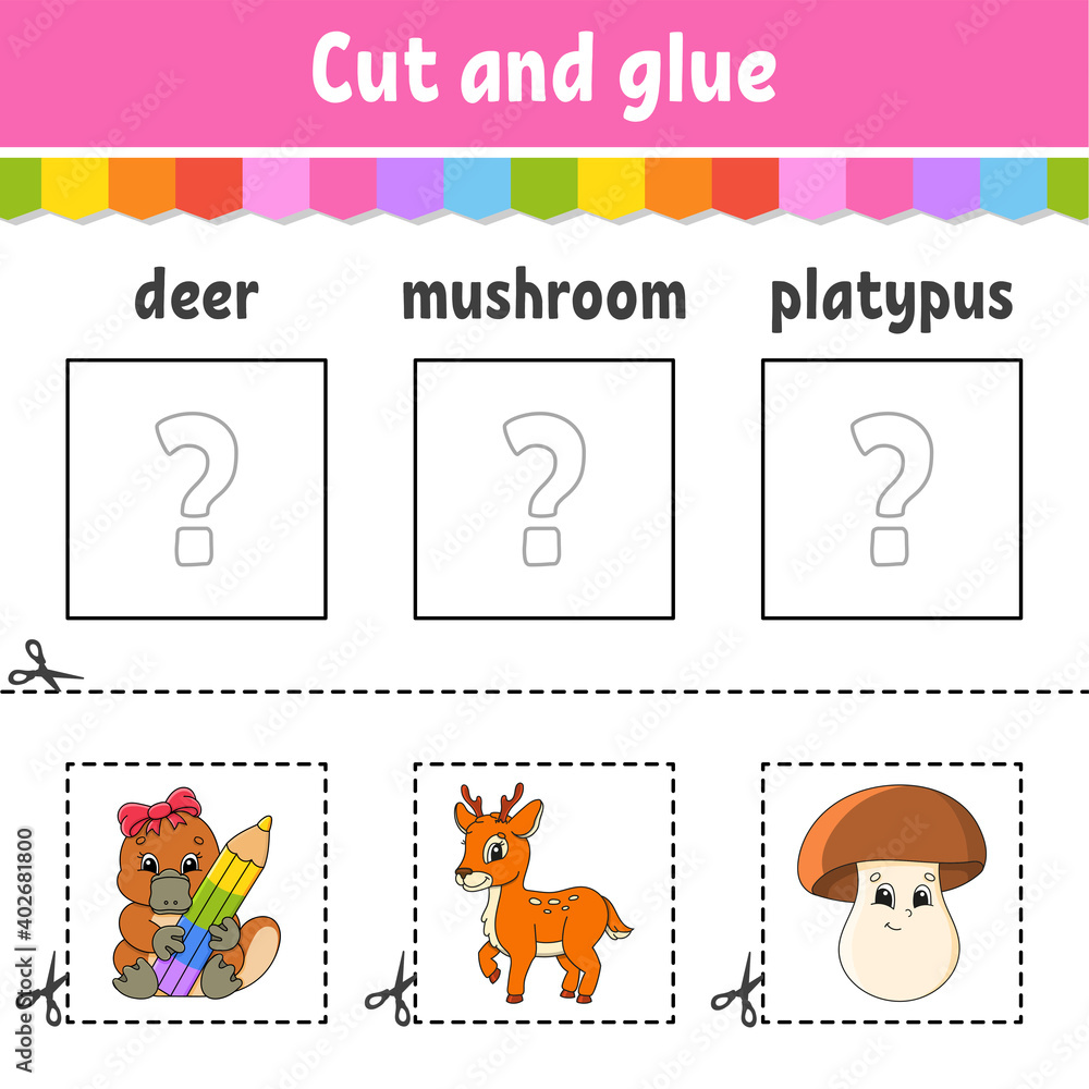 Cut and glue. Game for kids. Learn English words. Education developing ...