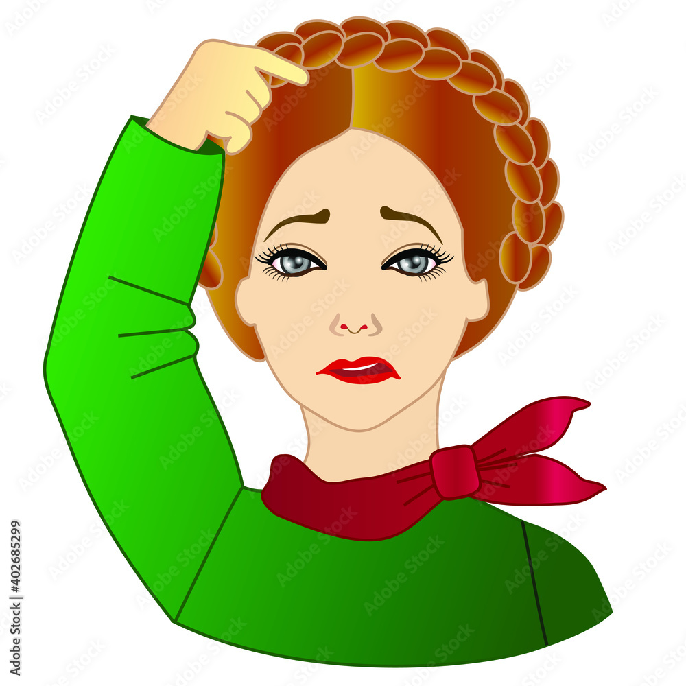 woman thoughtful emoticon scratches her head, simplistic facial ...