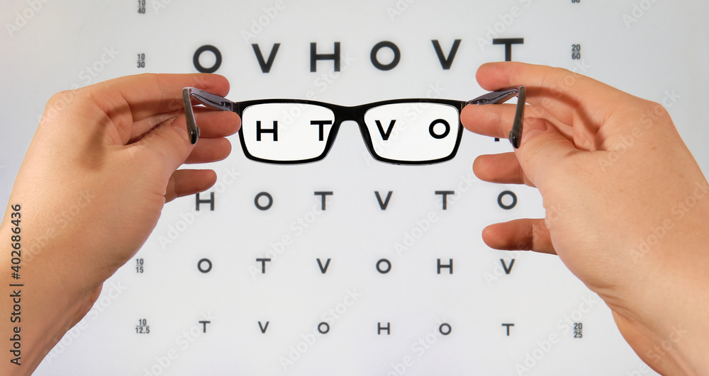 Eye and vision disorder concept. Person looking at a Snellen chart ...