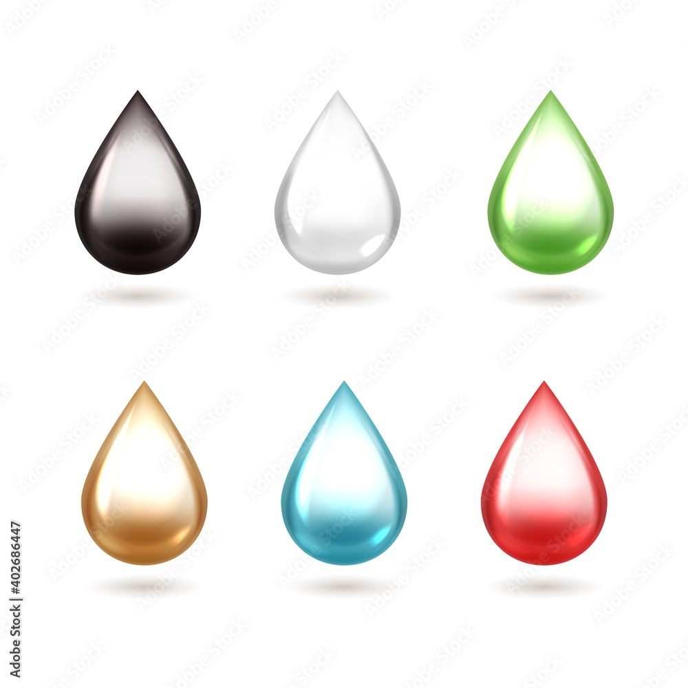 Realistic drops. 3D falling drip. Isolated glossy droplet, light ...